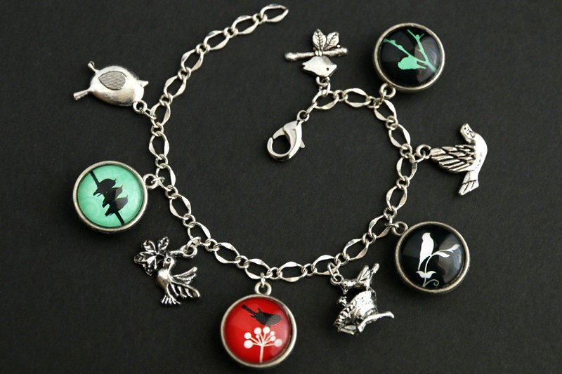Bird Bracelet. Red and Turquoise Charm Bracelet. Bird Lover Bracelet ...