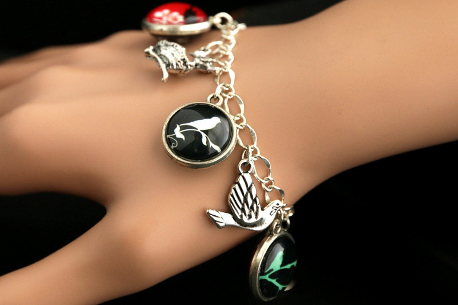 Bird Bracelet. Red and Turquoise Charm Bracelet. Bird Lover Bracelet ...
