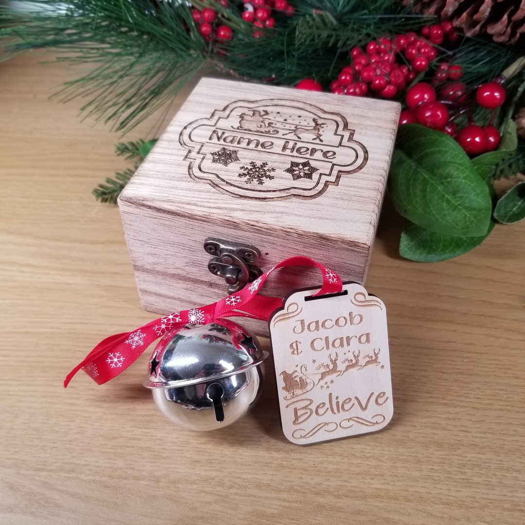 Large Santa Sleigh Believe Bell With Personalised Wooden Tag, Father ...