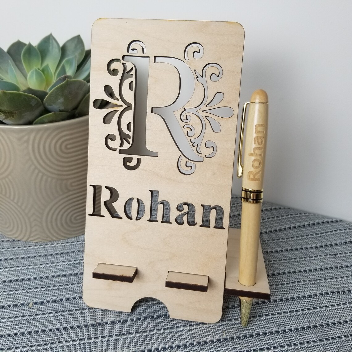 Mobile Phone Stand and Wood Pen - Personalised With Name and Initial ...