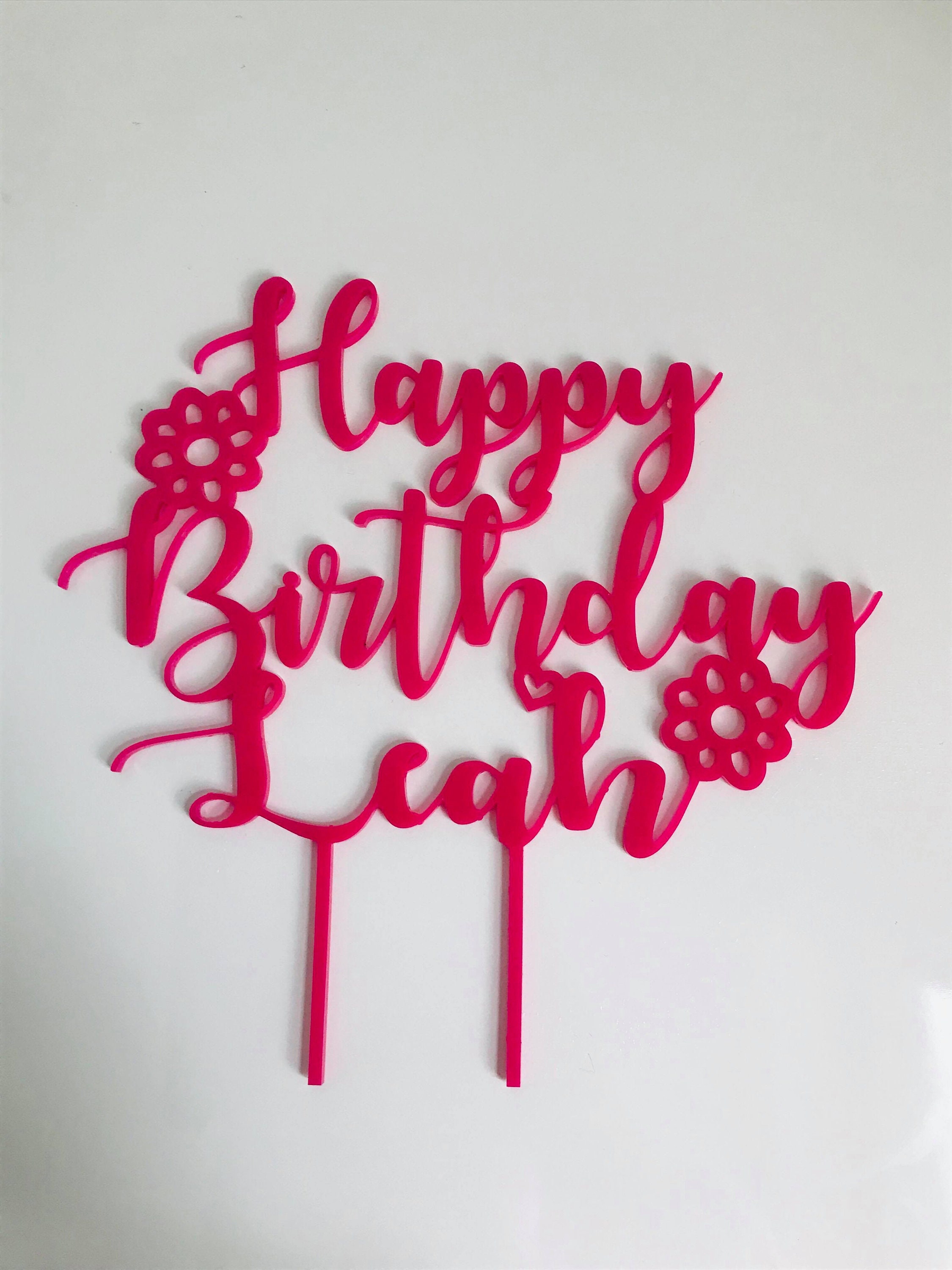 Birthday Cake Topper, Acrylic, Happy Birthday Design With Flowers and ...