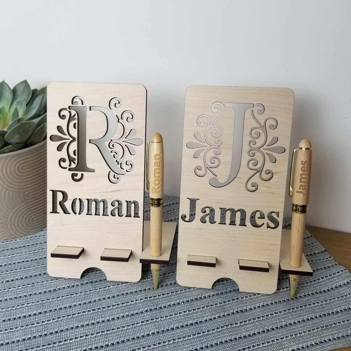 Mobile Phone Stand and Wood Pen - Personalised With Name and Initial ...