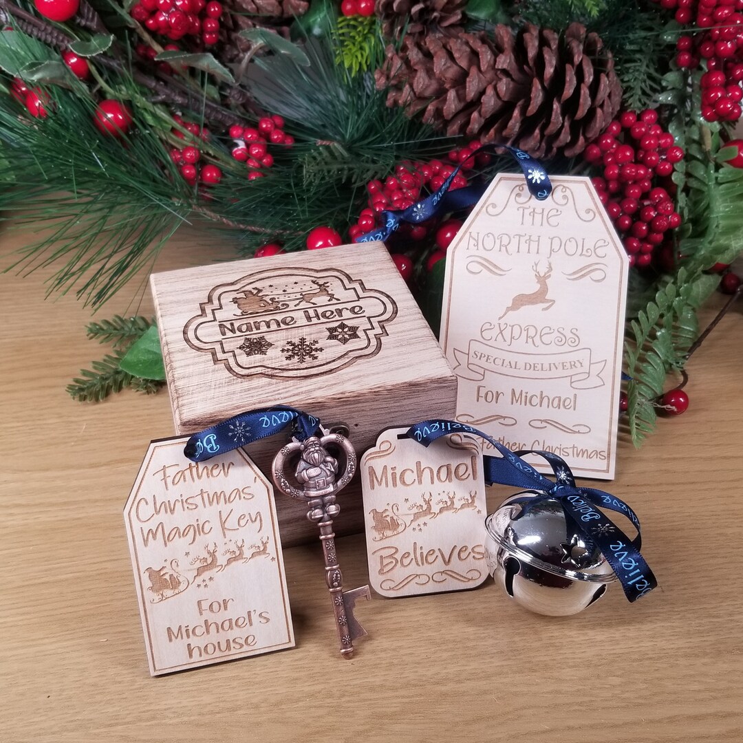 Personalised Santa Sleigh Bell, Magic Key and Gift Tag Set, Xmas Eve ...