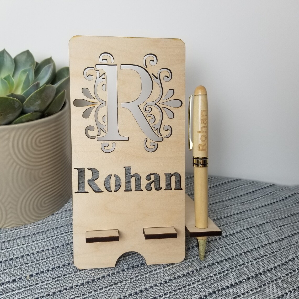 Mobile Phone Stand and Wood Pen - Personalised With Name and Initial ...