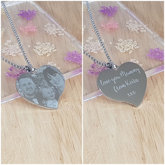 Photo Engraved Necklace Flared Heart Pendant Birthday - Etsy UK