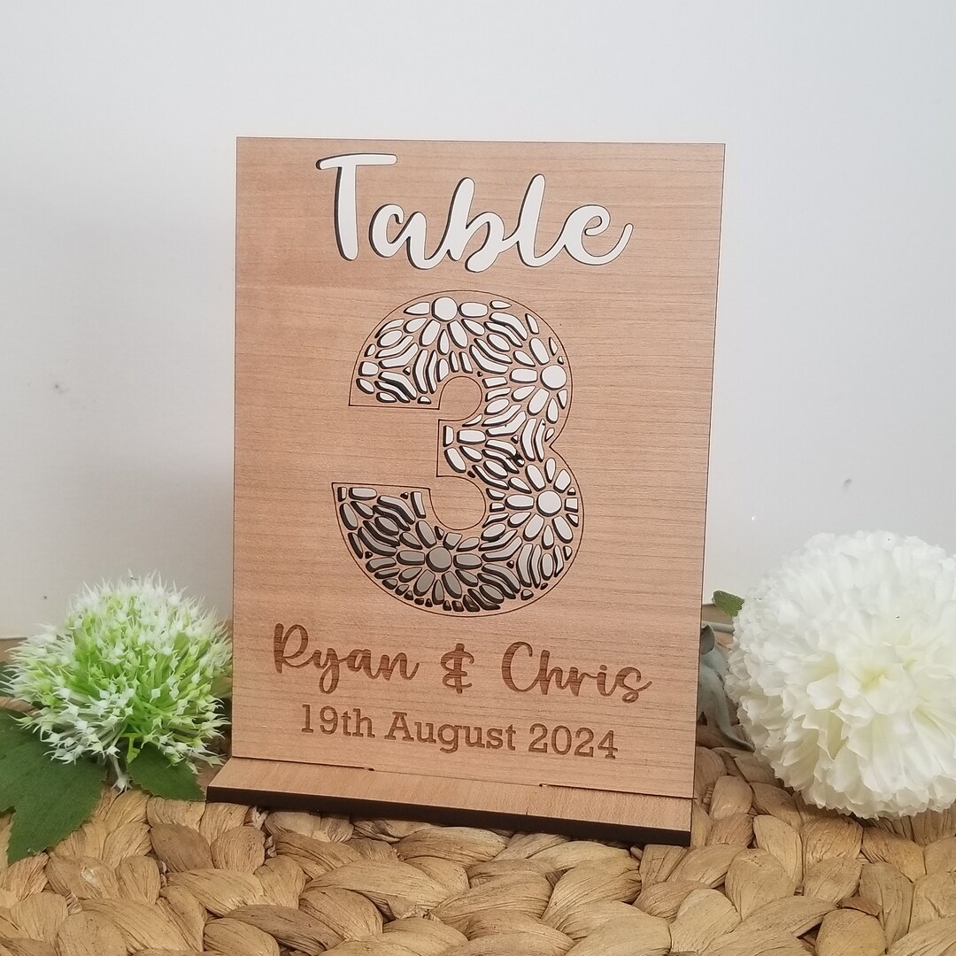 Personalised Wedding Wood Table Numbers, Add Any Text, Free Standing ...