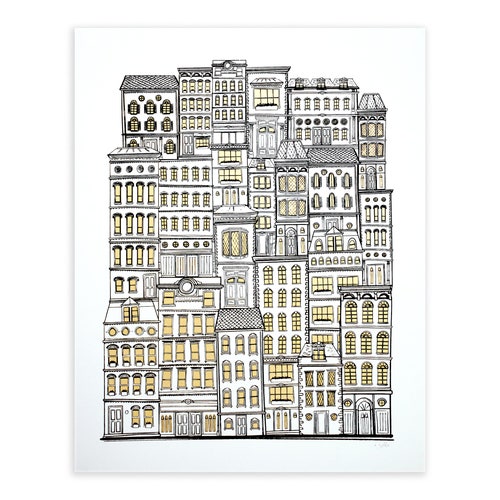 Downtown City Illustration Screenprint 16x20 Hand Drawn | Etsy