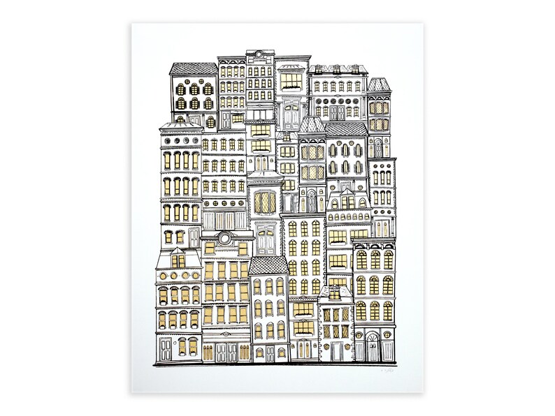 Downtown City Illustration Screenprint 16x20 Hand Drawn - Etsy