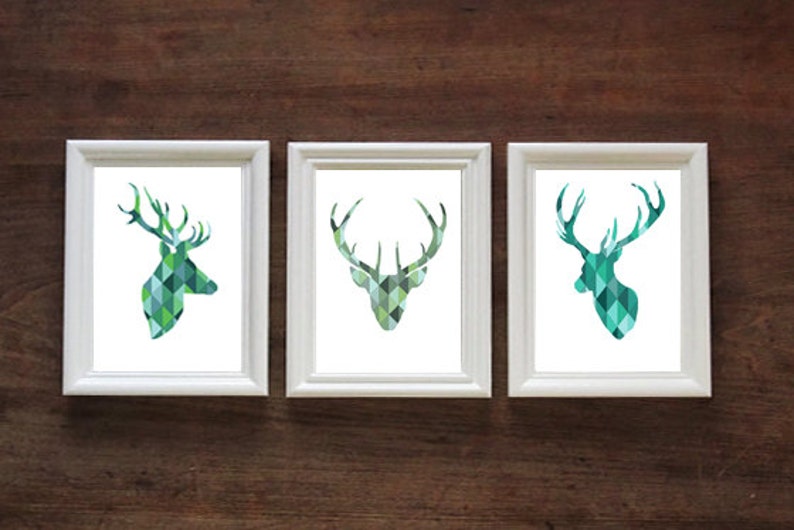 Geometric Green Stag Head Set of 3 | Stags / Deer| PRINT - Etsy