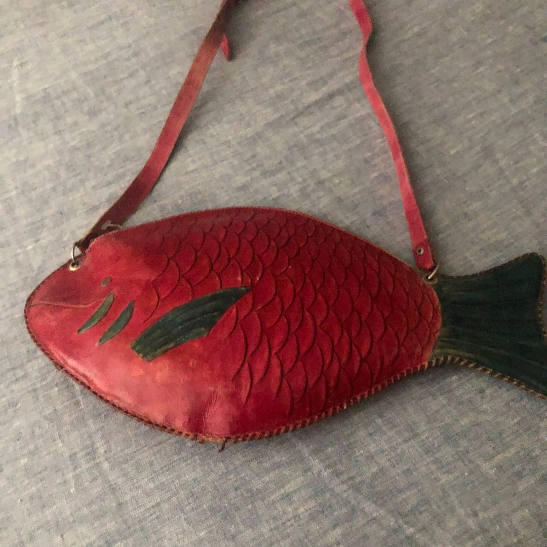 Vintage Leather Red Green Fish Shape Crossbody Handbag Purse - Etsy