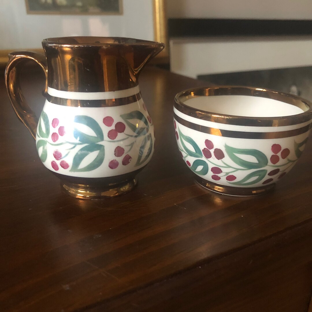 Vintage WADE England Gold and Green Leaf Sugar Bowl and Creamer - Etsy