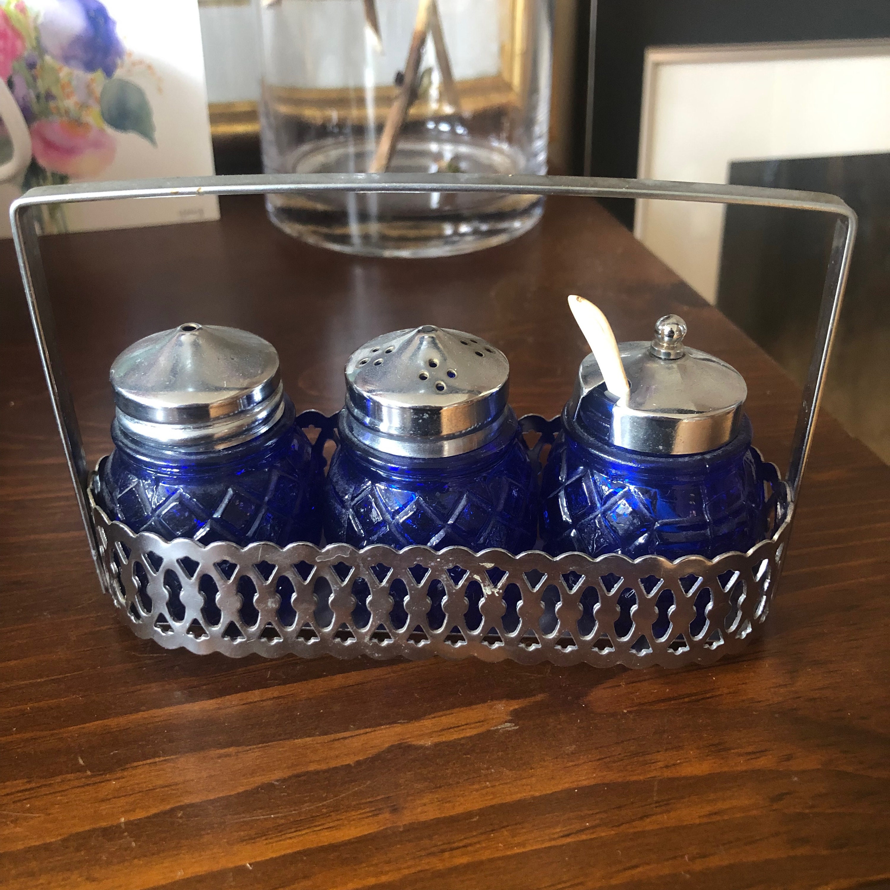 Vintage Cobalt Blue Condiment Basket With Metal Tray - Etsy