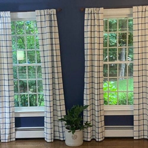Blue Plaid Slub Rod-pocket Curtains Denim Blue Buffalo Check | Etsy