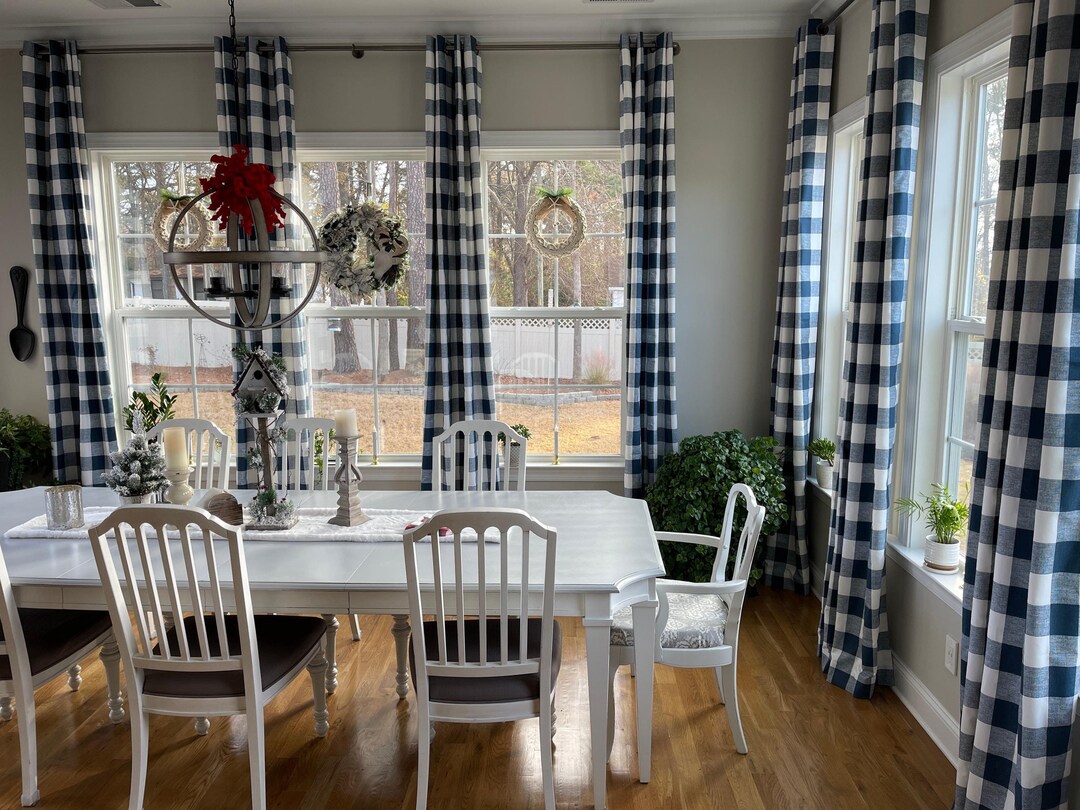 Navy Blue Buffalo Check Curtains – Brass Grommet Farmhouse Style - Etsy