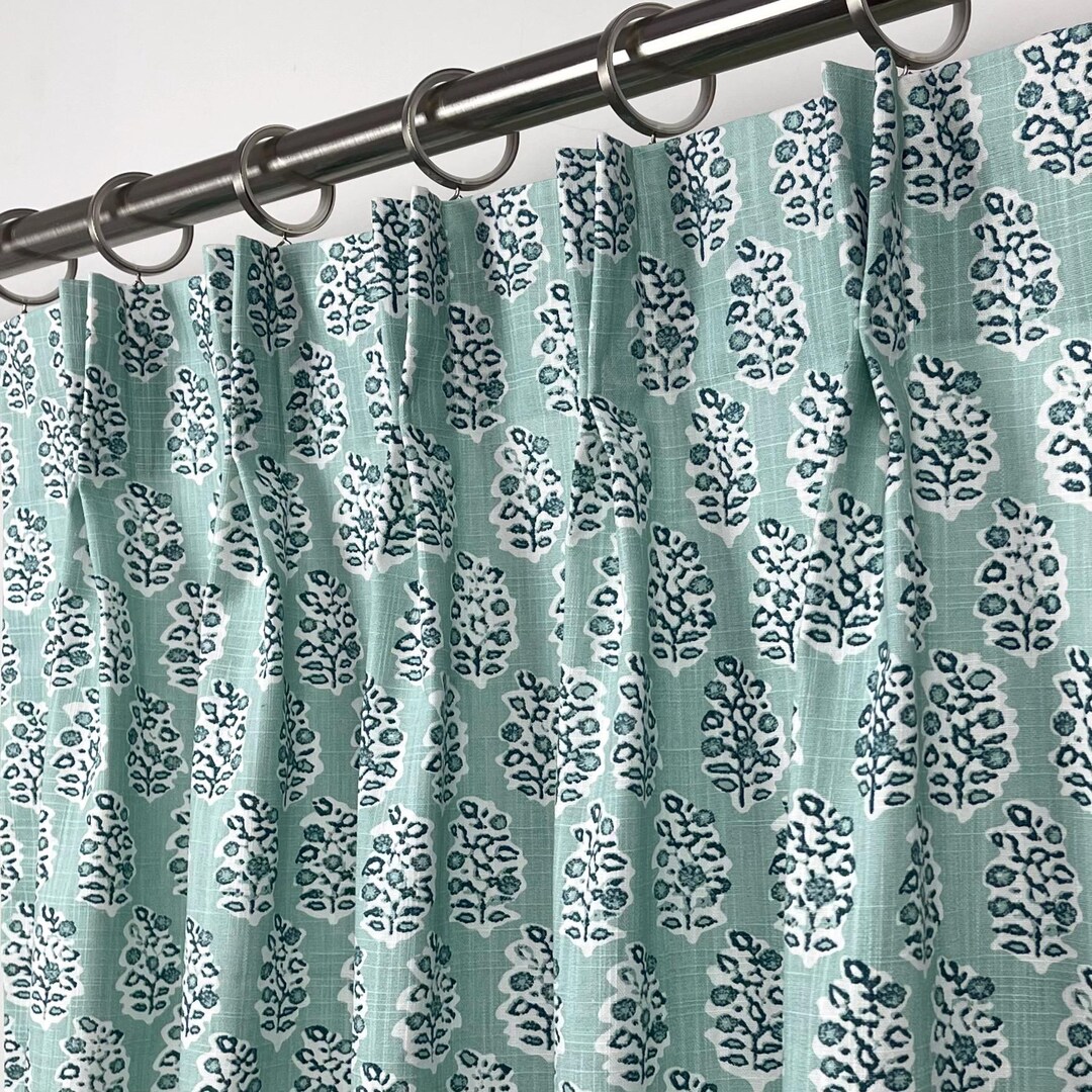 2 Panels- Perry Blue Springs Pleat Curtains Green Floral- Double French ...