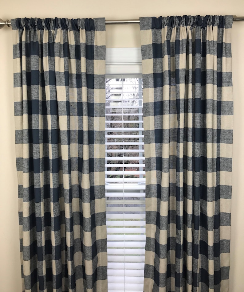 Navy Blue and Tan Buffalo Check Rod-pocket Curtains - Anderson Navy ...