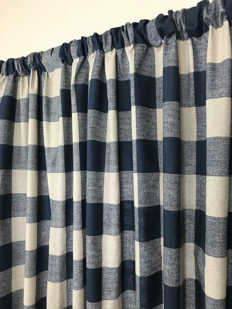 Navy Blue and Tan Buffalo Check Rod-pocket Curtains Anderson | Etsy