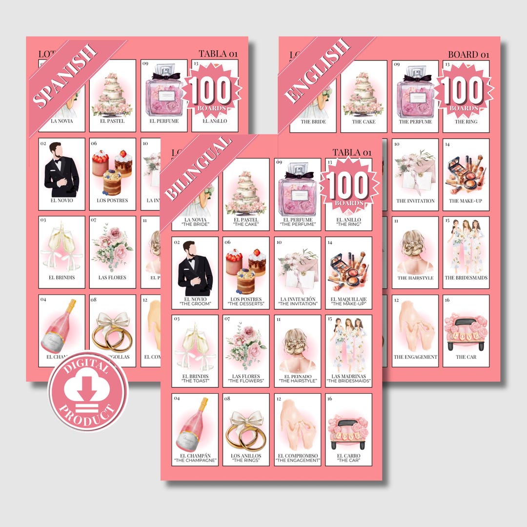 Bridal Shower Games Loteria - English - 100 Board Games - Wedding Games ...