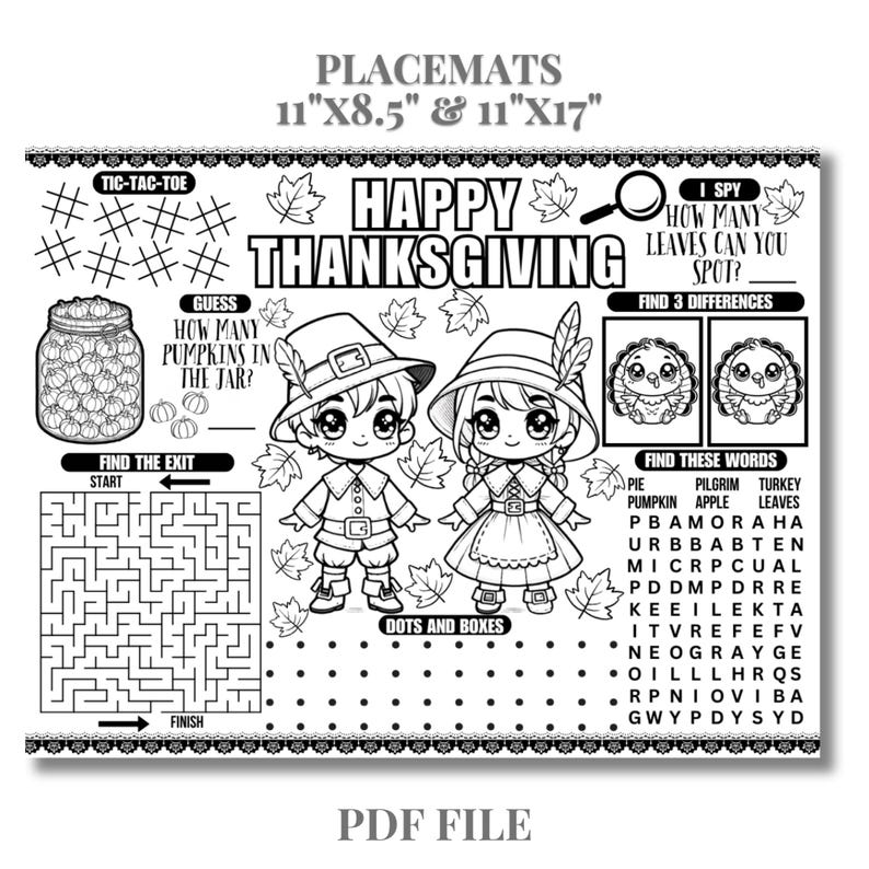 Thanksgiving Activity Placemat Printable Thanksgiving Coloring Placemat ...
