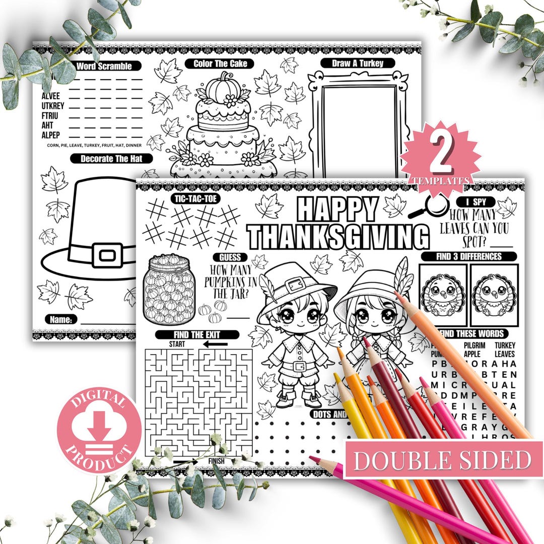 Thanksgiving Activity Placemat Printable Thanksgiving Coloring Placemat ...