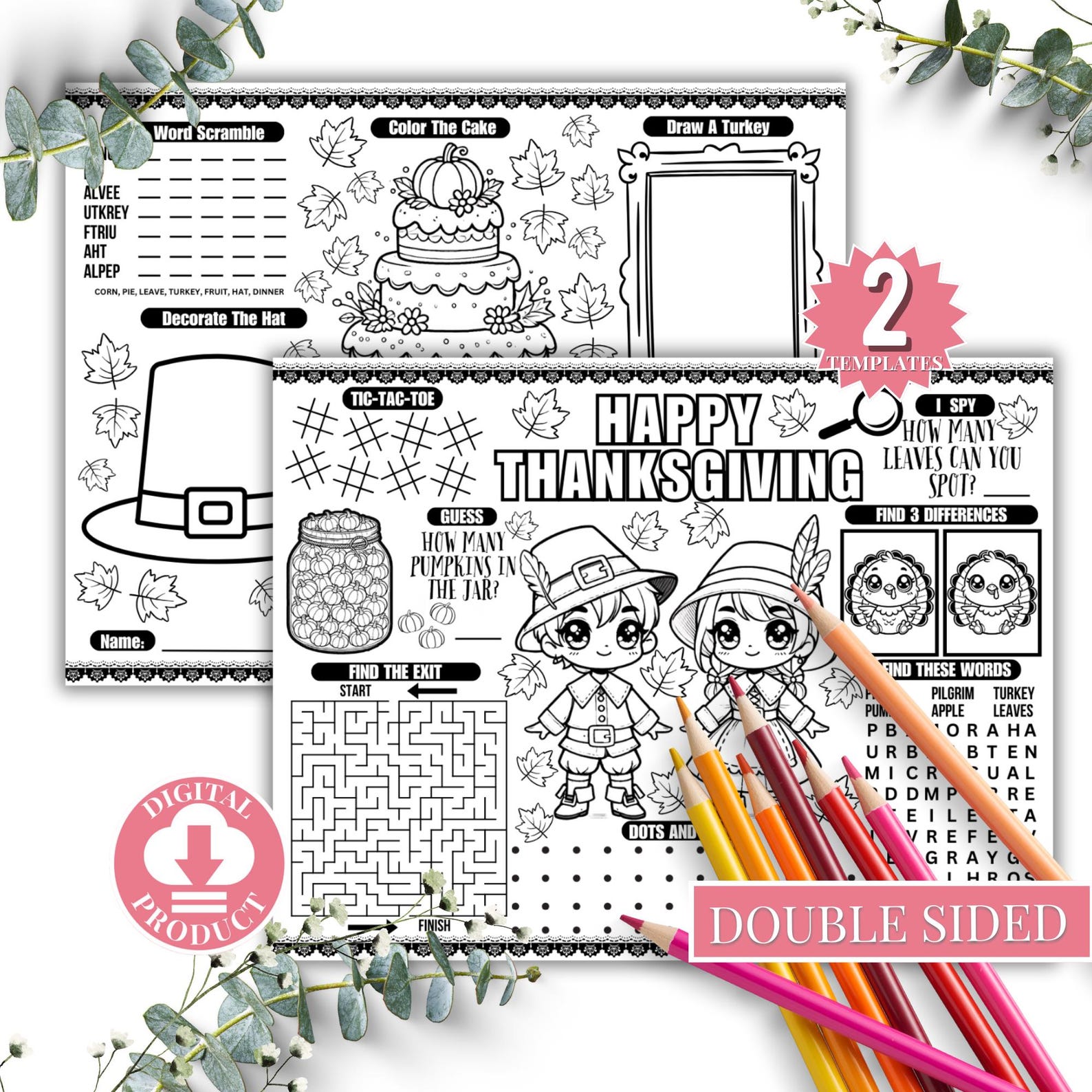 Thanksgiving Activity Placemat Printable Thanksgiving Coloring Placemat ...