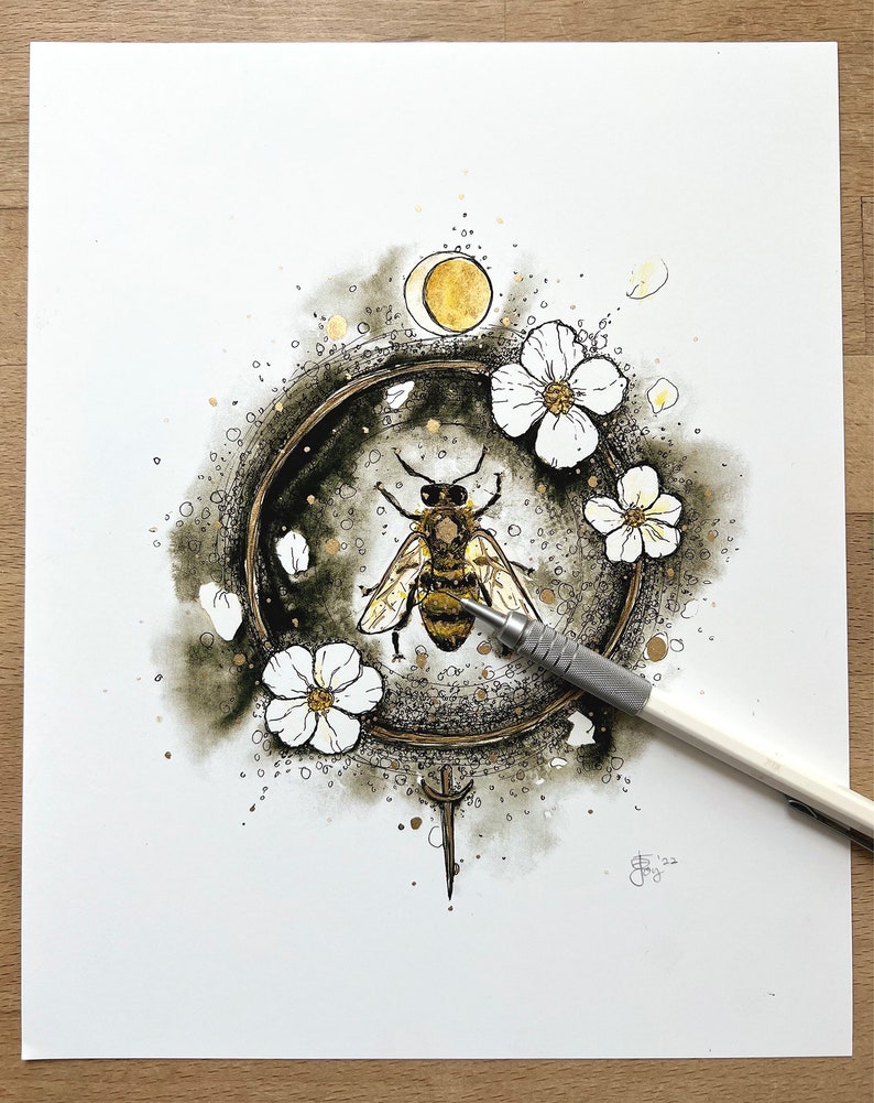 Night Bee, Gold Bee Wall Art, Gold Print, 18kt Gold Leaf by Hand, Wall ...