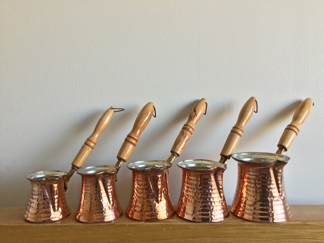 Handcrafted Turkish Coffee Pot Set 5 Copper Pots With Wooden Handles - Etsy