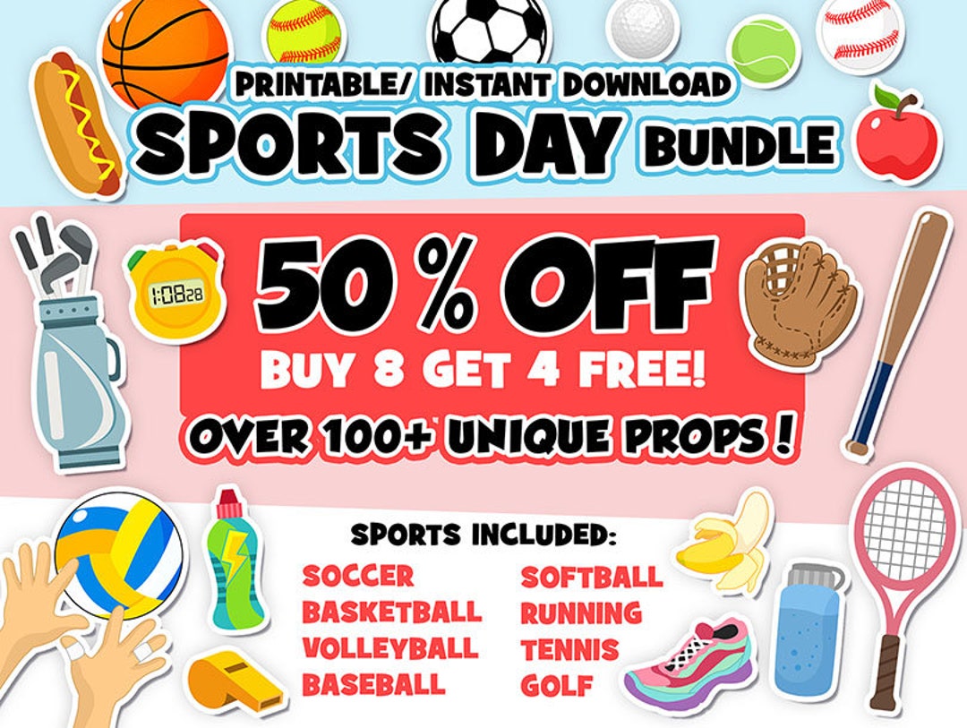Printable Sports Day Photo Booth Props Bundle of 8 - Soccer Basketball ...