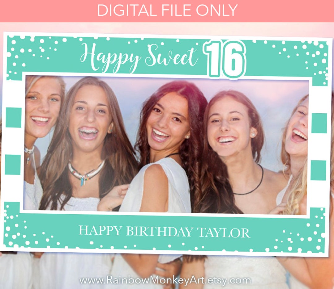 Printable 16th Birthday Photo Booth Frame - Sweet 16 Teal White Photo ...