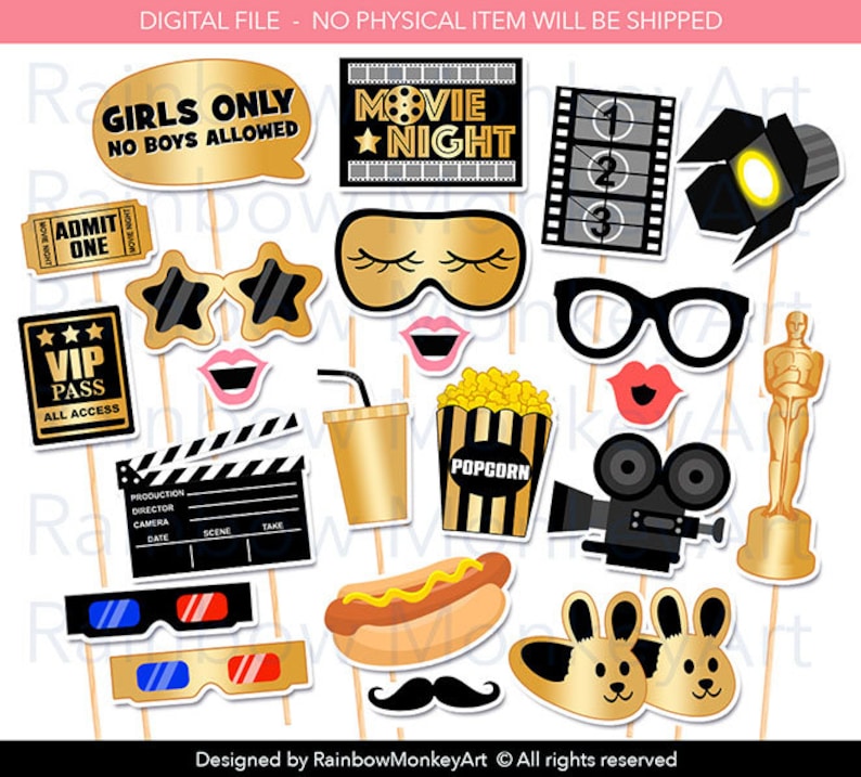 Printable Pyjamas and Movie Night Photo Booth Props Black and Gold ...
