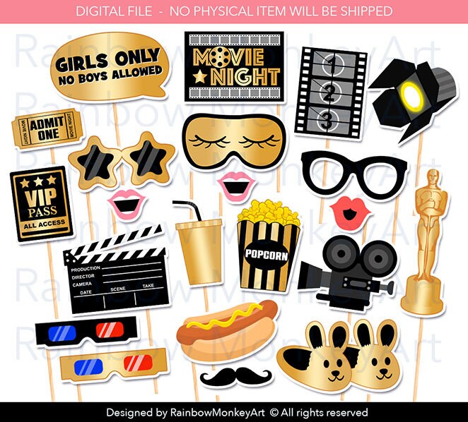 Printable Pyjamas and Movie Night Photo Booth Props Black and Gold ...