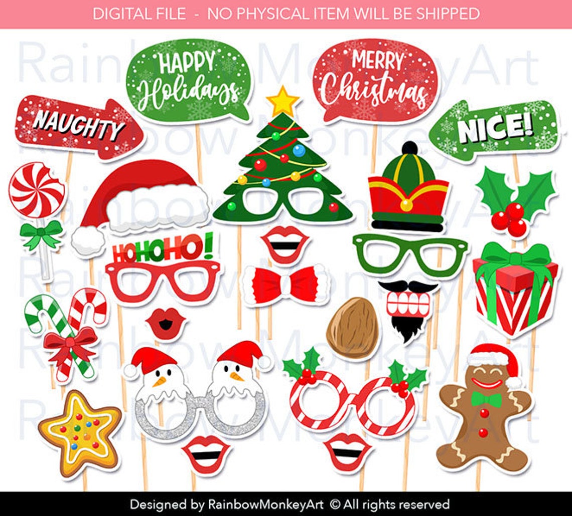 Printable Christmas Photo Booth Props: Xmas Party Set (digital Download ...