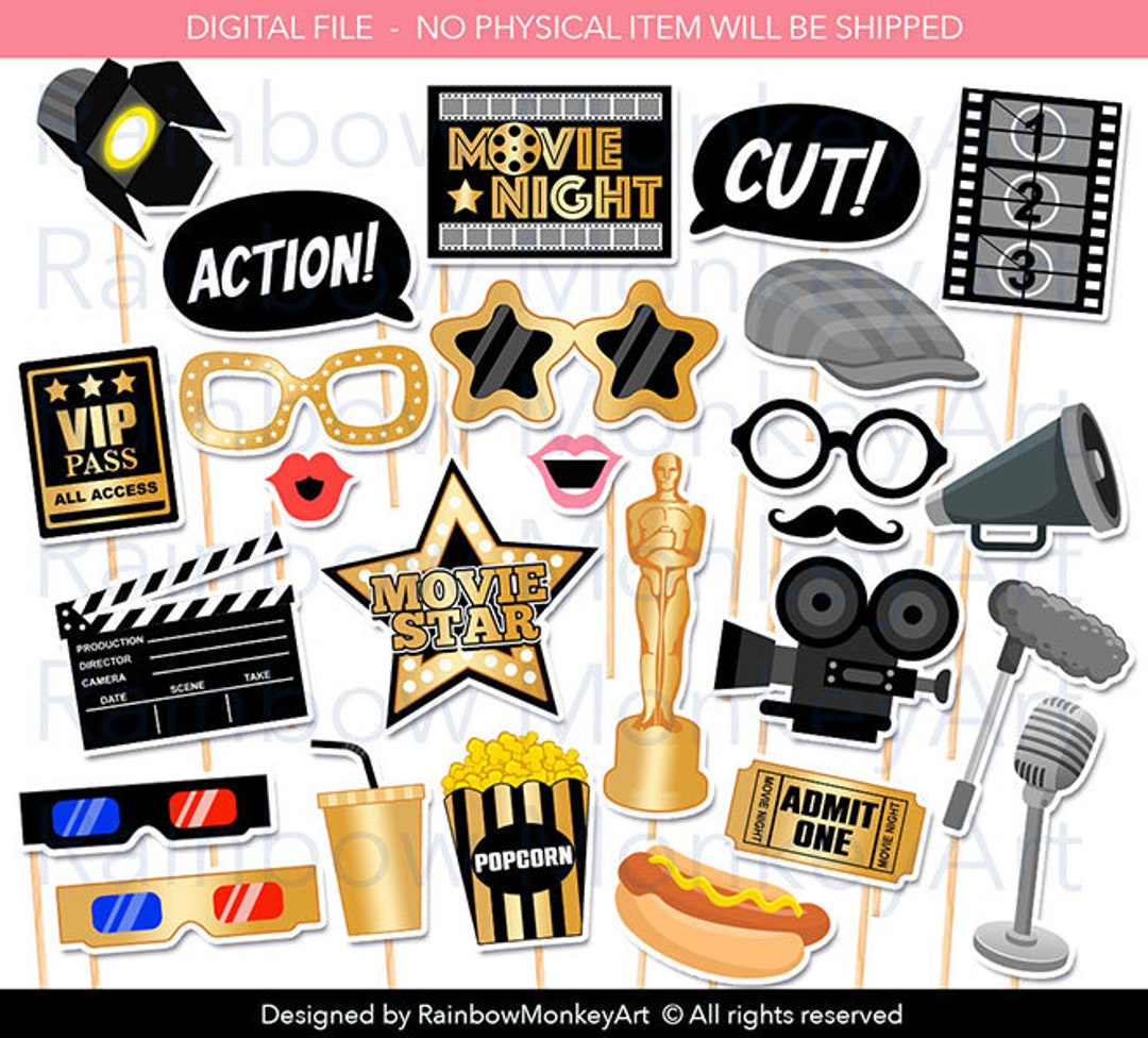 Printable Movie Night Photo Booth Props - Black and Gold Movie ...