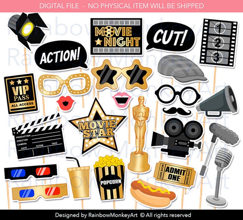 Printable Movie Night Photo Booth Props Black and Gold Movie - Etsy Canada