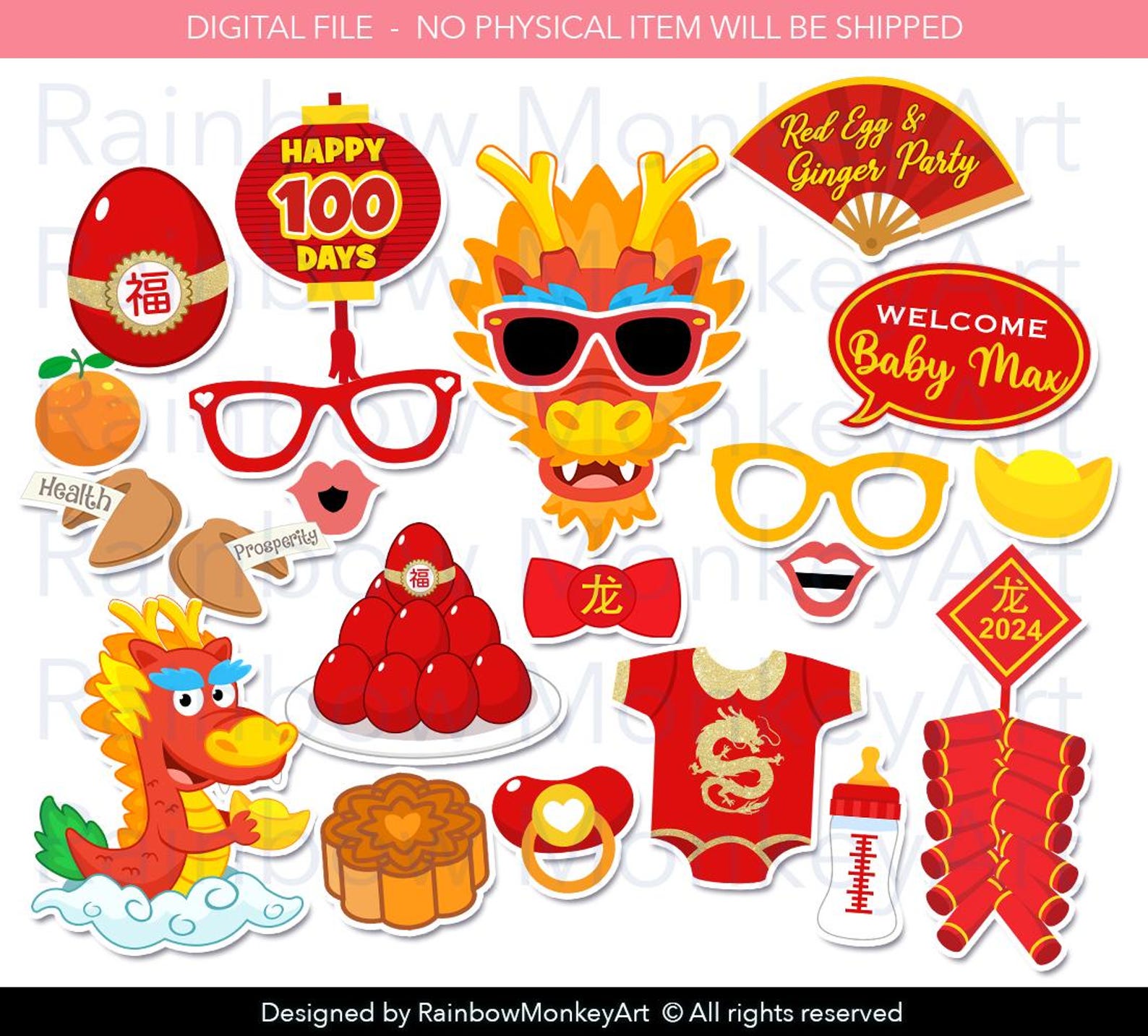 Year of the Dragon Photo Booth Props: Red Egg Ginger Party (digital ...