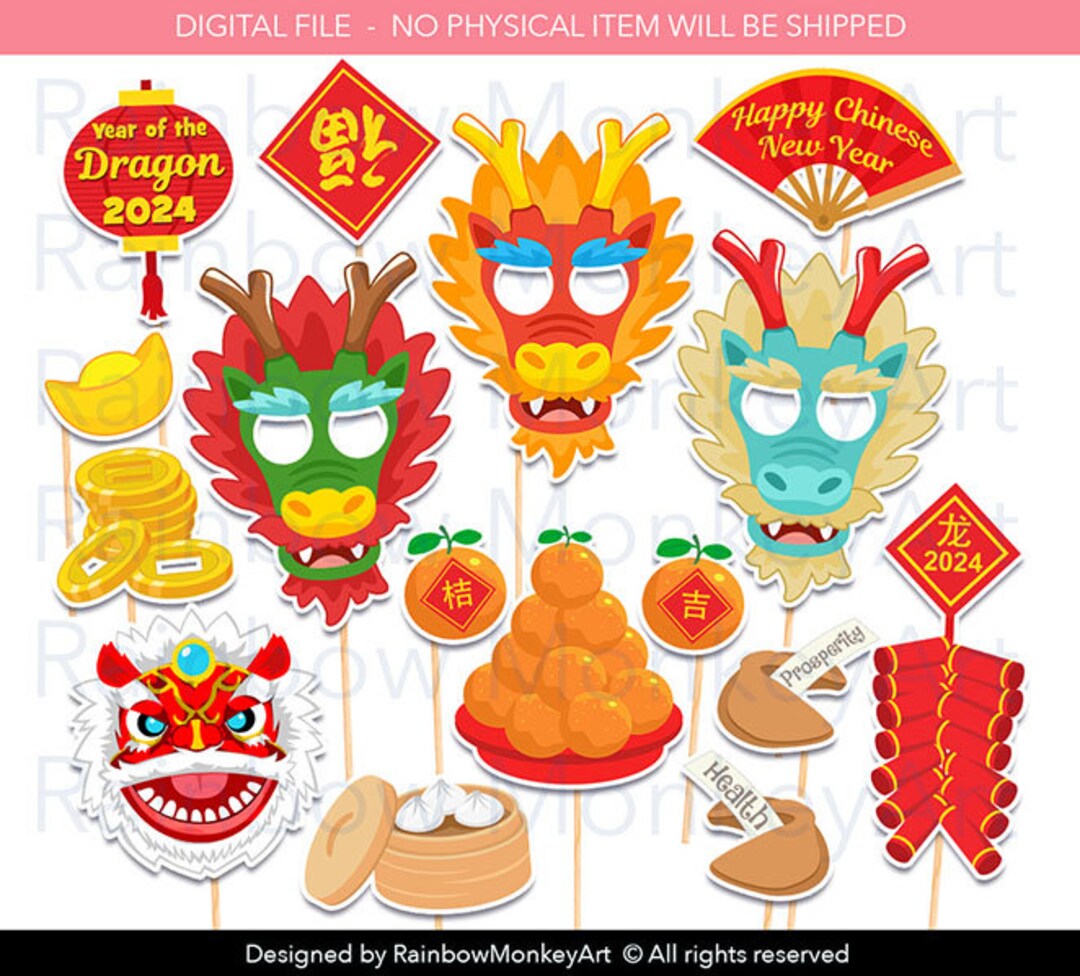 Printable 2024 Chinese New Year Photo Booth Props Year of the Dragon ...