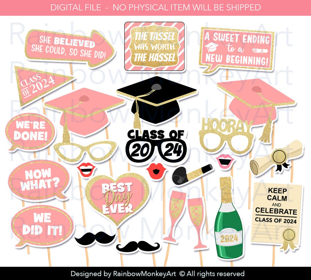 Printable 2024 Pink Gold Graduation Photo Booth Props - Pink and Gold ...