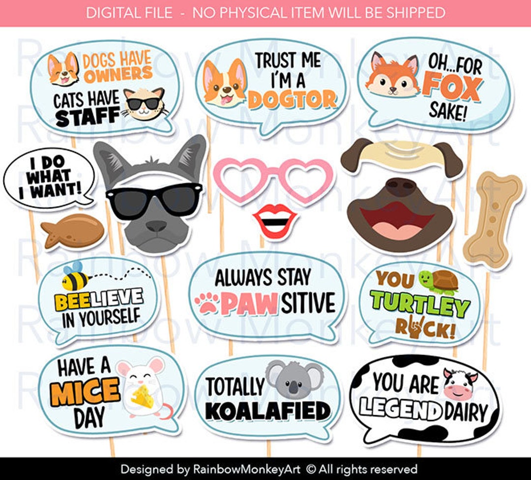 Printable Animal Puns Photo Booth Props - Funny Animal Puns Photobooth ...