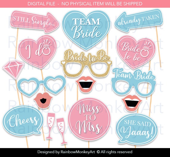 Printable Bridal Shower Photo Booth Props Blue and Pink Hen Party Photobooth Props Wedding Party Photo Booth Props Bachelorette Party Props