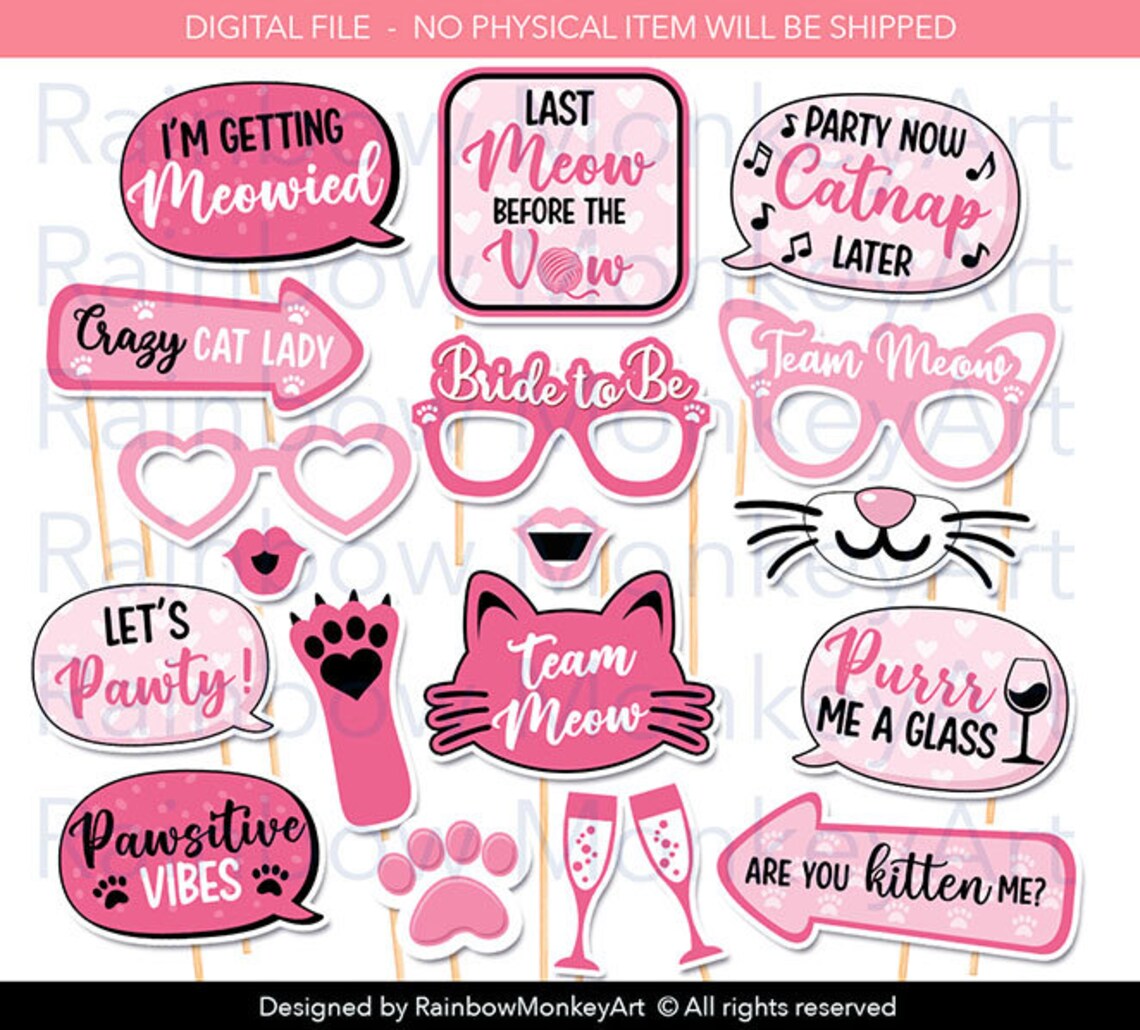 Cat Bachelorette Party Photo Booth Props: Pink Bridal Shower (digital ...