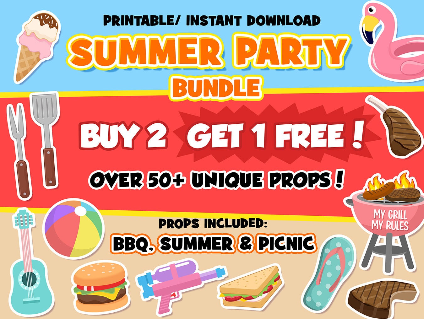 Printable Summer Party Photo Booth Props Bundle Summer BBQ - Etsy
