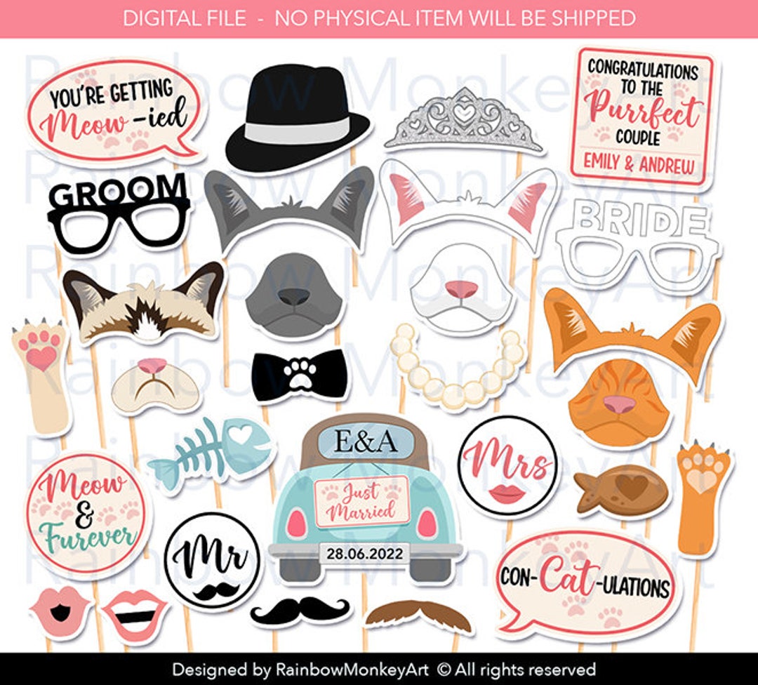 Personalised Printable Cat Wedding Photo Booth Props - Wedding ...