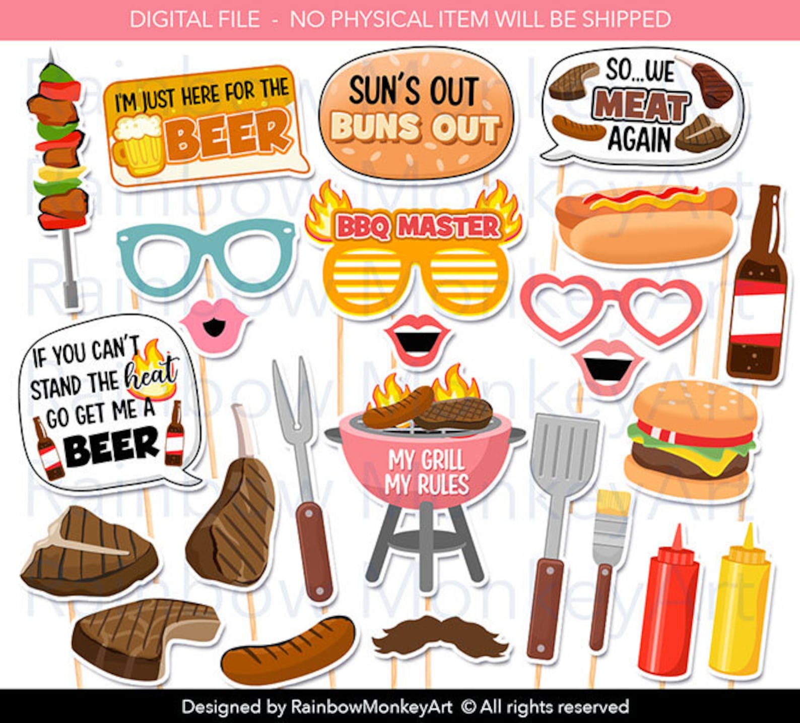 Printable BBQ Photo Booth Props Summer BBQ Party Photobooth | Etsy