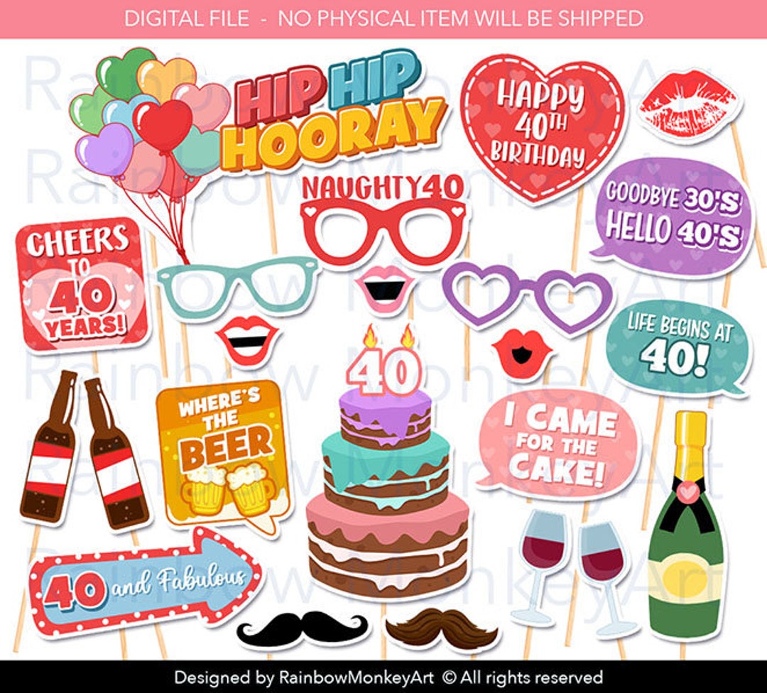 40th Birthday Photo Booth Props: 24 Piece Printable Set (PDF) - Etsy