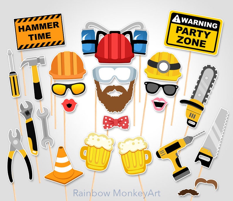 Construction Party Photo Booth Props: 33 Piece Set (digital Download ...
