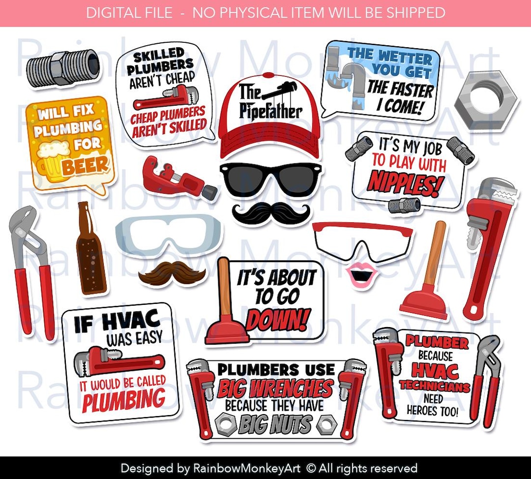 Printable Plumbing HVAC Photo Booth Props Plumber Birthday Party ...