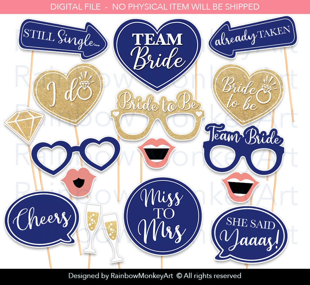 Printable Bridal Shower Photo Booth Props - Gold Navy Hen Party ...