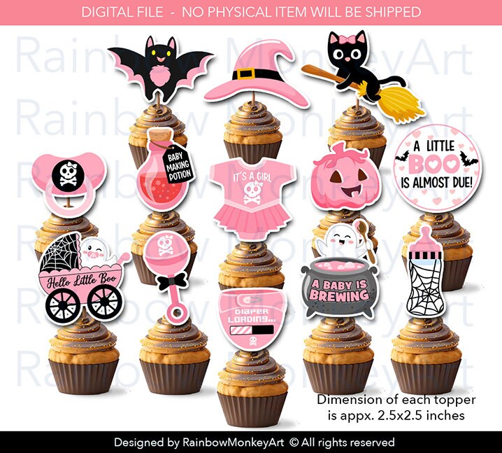 Printable Halloween Themed Baby Shower Cupcake Toppers Pink - Etsy