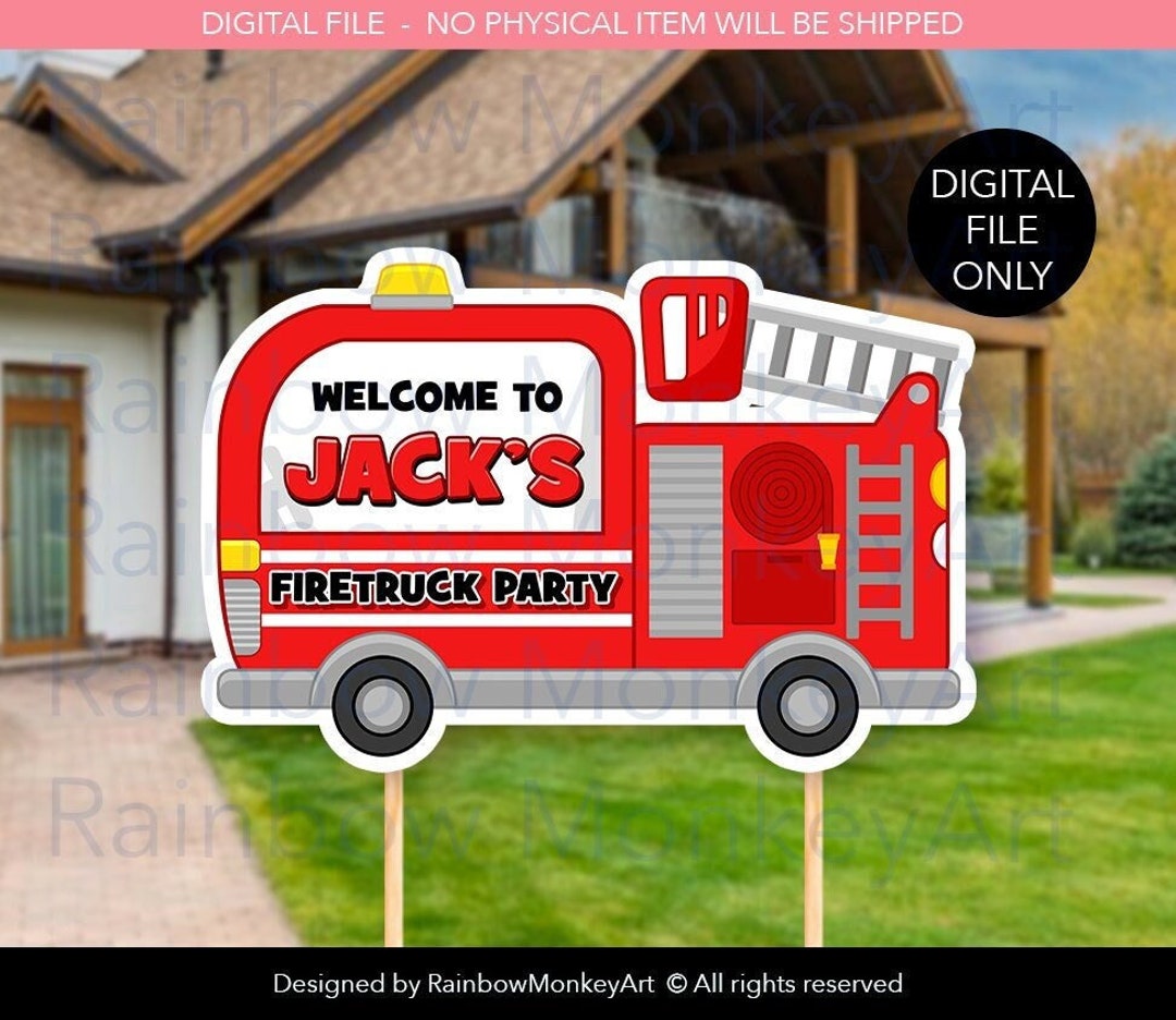 Kids Fire Truck Party Lawn Sign - Digital Download - Personalised Fire ...