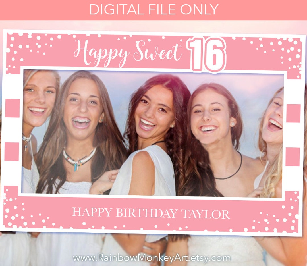 Printable 16th Birthday Photo Booth Frame - Sweet 16 Pink White Photo ...
